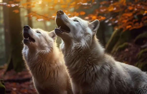 Wallpaper autumn, wolf, wolves, two wolves, wolf howl, AI art, neural ...