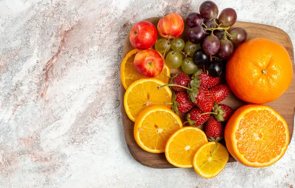 Wallpaper berries, apples, oranges, strawberry, grapes, fruit, light ...