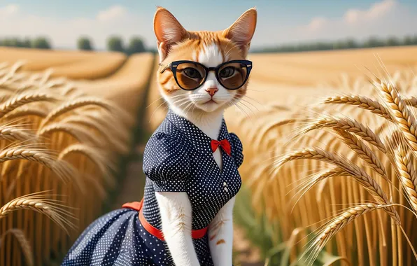 Wallpaper field, cat, style, dress, glasses, Including wheat for mobile ...