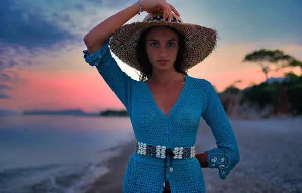 Wallpaper sea, girl, sunset, nature, shore, hat, brunette, Andrei ...