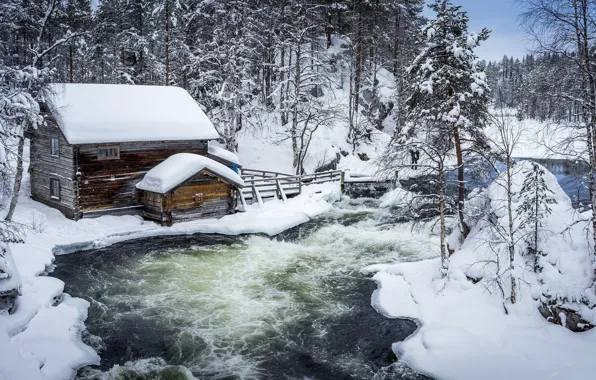 Wallpaper winter, river, house for mobile and desktop, section пейзажи ...