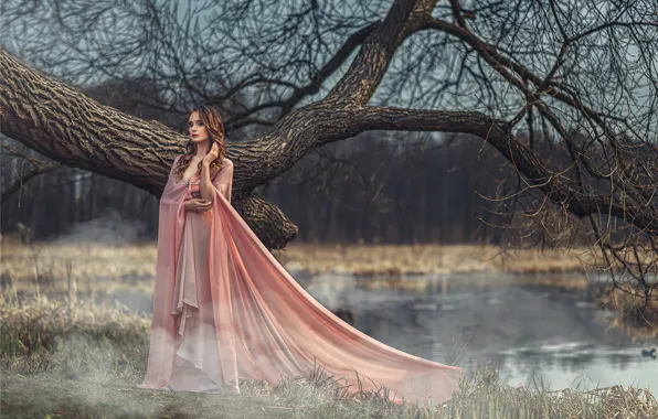 Wallpaper Look Girl Nature Pose River Tree Model Dress For