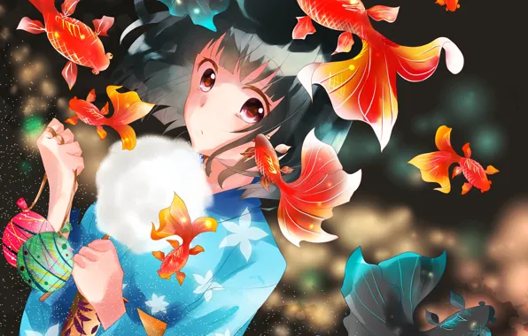Wallpaper look, girl, fish, fish for mobile and desktop, section арт ...