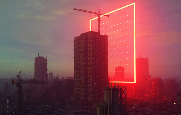 Wallpaper The city, Neon, Style, Crane, Building, The building, City ...