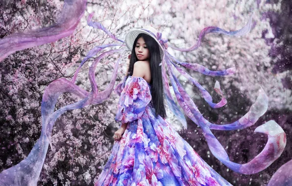 Wallpaper flowers, Girl, hat, dress, Asian, Maria Lipina for mobile and ...