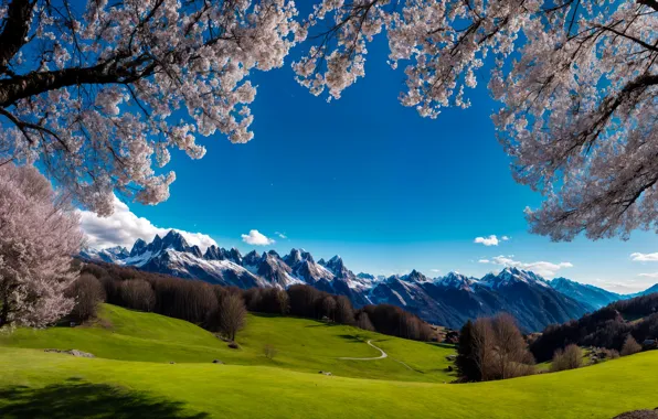 Wallpaper field, the sky, flowers, mountains, branches, blue, spring ...