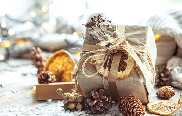 Wallpaper sprig, table, box, gift, new year, rope, Christmas, tape for ...