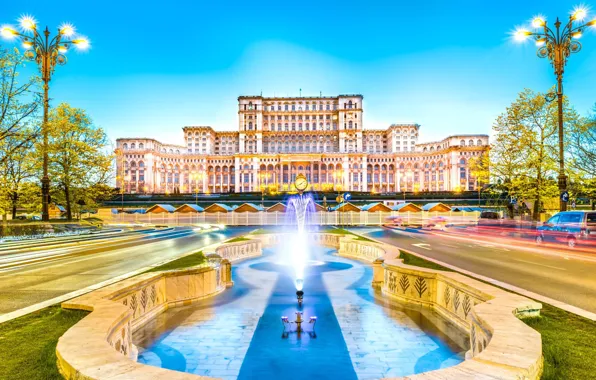 Download wallpaper lights, fountain, Romania, Bucharest, section city ...