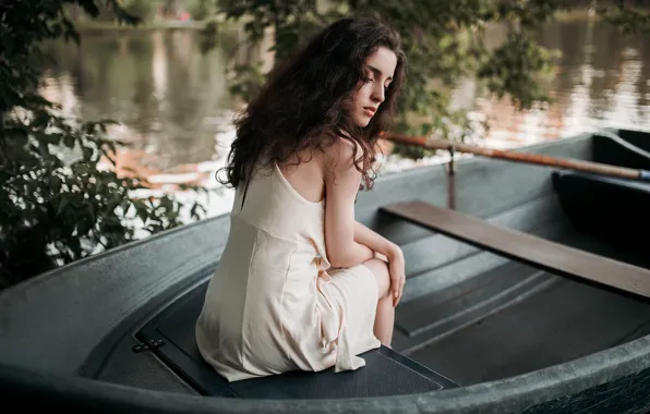 Wallpaper Summer Look Girl Nature Pose River Boat Back For
