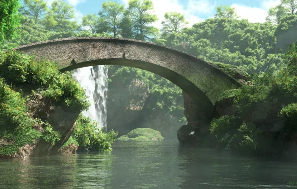 Wallpaper the sky, water, clouds, trees, bridge, river, waterfall for ...