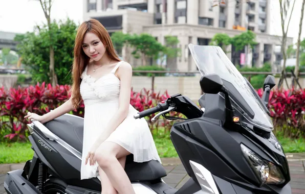 Wallpaper look, girl, Asian, beautiful girl, scooter, SYM CRUiSYM 300i, posing on a scooter for ...