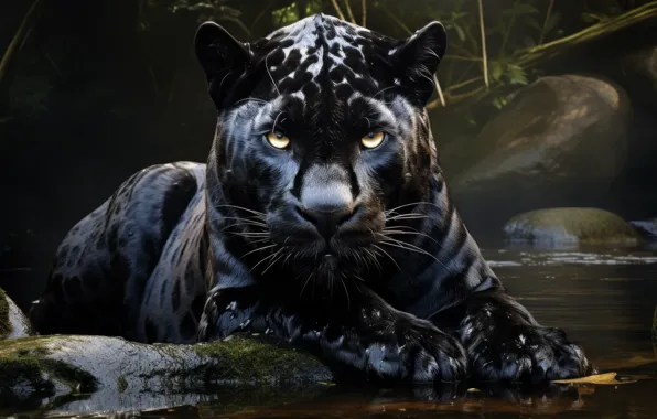 Wallpaper look, face, water, nature, pose, Panther, bathing, black for ...