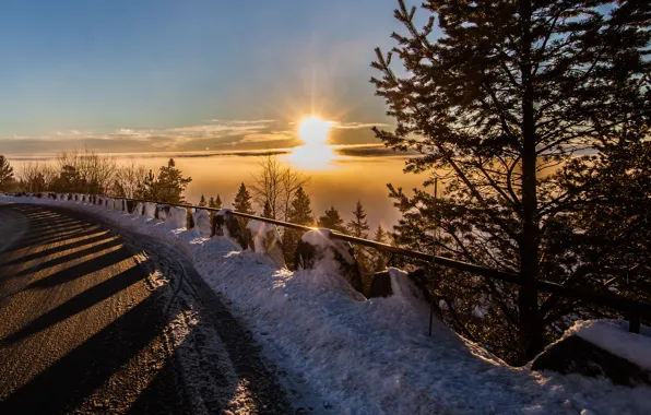 Wallpaper road, clouds, snow, sunset, tree, road, sunset, clouds for ...