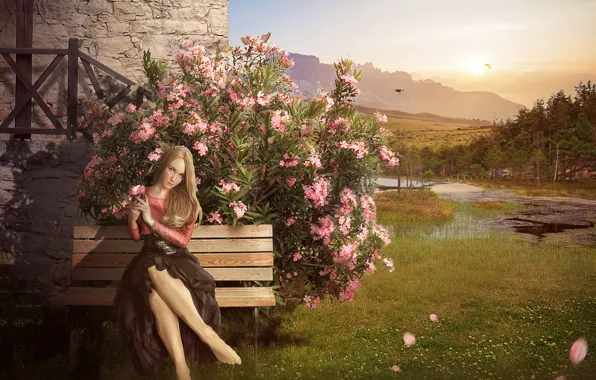 Wallpaper summer, look, girl, flowers, bench, pose, river, beautiful ...