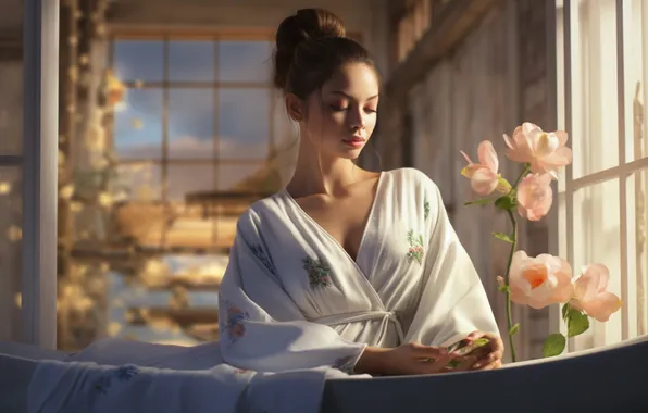 Wallpaper look, girl, face, pose, portrait, AI art, neural network for ...