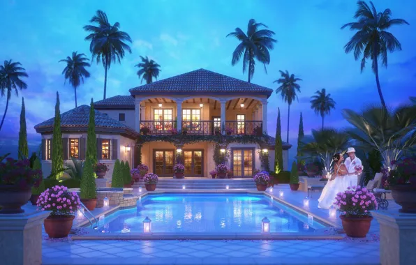 Download wallpaper palm trees, pool, lights, pair, Spain Villa De La ...