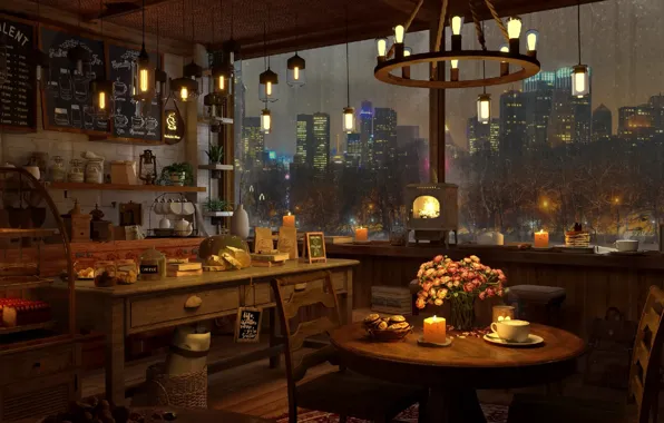 Wallpaper city, lights, rain, night, cakes, cake shop for mobile and ...