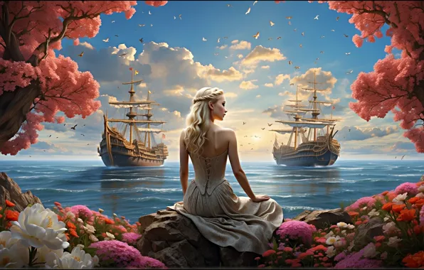 Wallpaper sea, girl, flowers, ships, fantasy, Princess, AI art, neural ...
