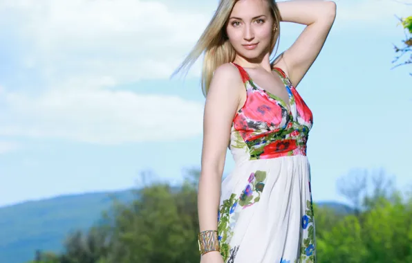 Wallpaper girl, cleavage, sky, long hair, dress, nature, beautiful ...