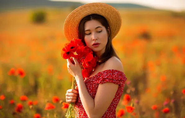 Wallpaper summer, girl, flowers, pose, Maki, hat, blur, shoulder for ...
