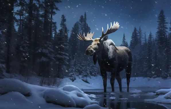 Download wallpaper winter, forest, snow, night, nature, moose, AI art ...
