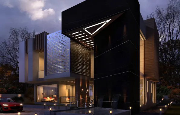 Download wallpaper design, lighting, structure, MODERN VILLA, NIGHT ...