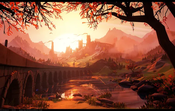 Download wallpaper mountains, bridge, castle, woman, Sunrise, Stylized ...