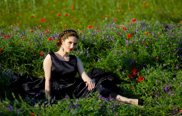 Wallpaper field, flowers, pose, model, Dmitry Cherkasov for mobile and desktop, section девушки ...