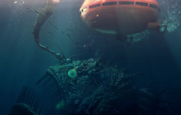 Wallpaper mermaid, fish, bathyscaphe, trapped, scene small, explorer ...