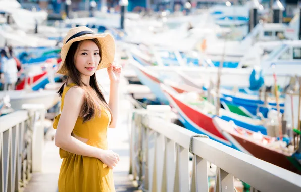 Wallpaper girl, boats, hat, pier, dress, Asian, bokeh for mobile and desktop, section девушки ...