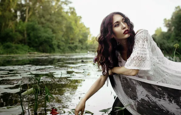Wallpaper girl, lake, boat for mobile and desktop, section девушки ...