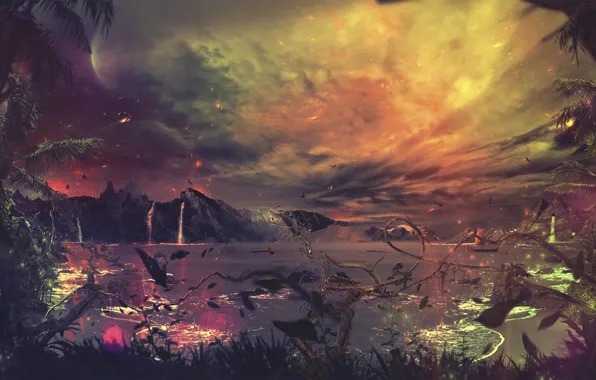 Download wallpaper water, clouds, birds, reflection, palm trees, the ...