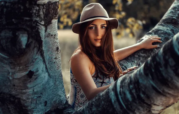 Wallpaper look, trees, model, portrait, hat, birch, Jennifer Elene N ...
