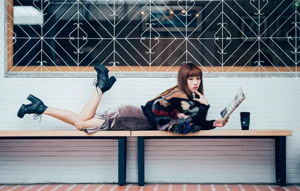 Wallpaper look, girl, bench, hair, lies, legs, cutie for mobile and ...