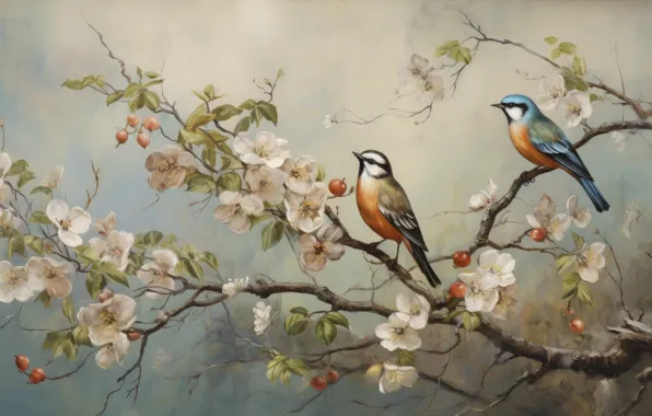 Wallpaper flowers, birds, branches, nature, fantasy, tree, bird, garden ...