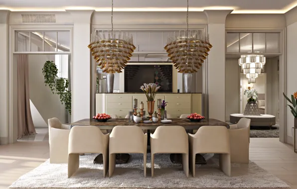 Wallpaper design, table, room, interior, chair, chandelier, vase ...