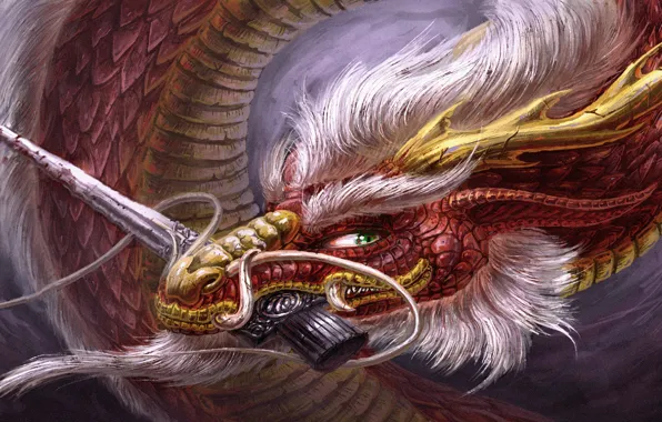 Wallpaper look, weapons, blood, dragon, art, horns for mobile and ...