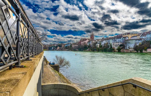 Wallpaper clouds, trees, bridge, building, Switzerland, promenade, blue ...