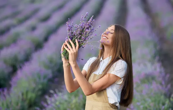Wallpaper field, summer, girl, joy, flowers, pose, smile, bouquet for ...