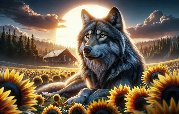 Wallpaper sunflowers, wolf, home for mobile and desktop, section ии арт ...