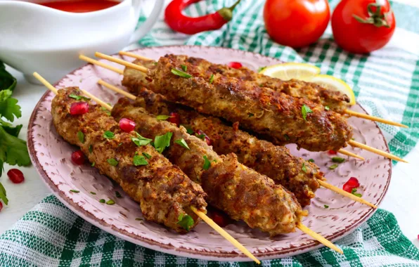 Wallpaper greens, meat, tomatoes, skewers, kebab for mobile and desktop ...