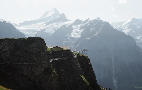 Wallpaper the sky, mountains, people, the ledge, suspension bridge and ...