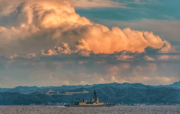 Wallpaper sea, autumn, clouds, Strait, shore, destroyer for mobile and ...