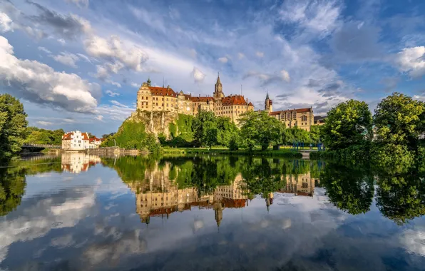 Wallpaper the sky, clouds, nature, lake, reflection, castle, Germany ...