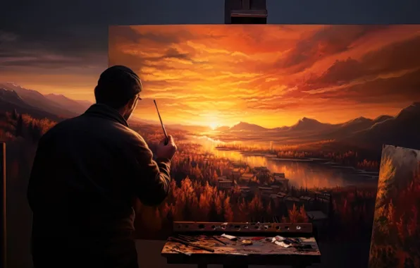 Wallpaper forest, the sun, clouds, light, sunset, mountains, river ...