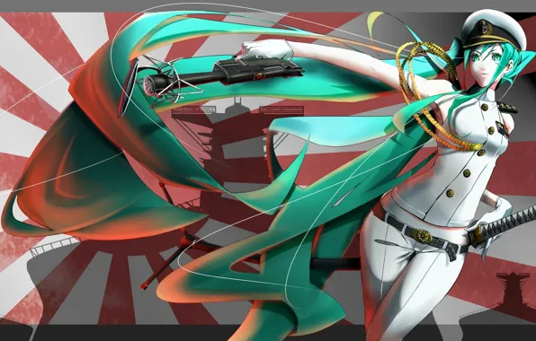 Wallpaper Katana Flag White Microphone Form Hatsune Miku Gesture Vocaloid For Mobile And