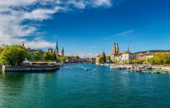 Wallpaper river, building, Switzerland, panorama, piers, Zurich, river ...