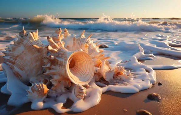 Wallpaper sea, beach, the ocean, shore, shell, seashells, seashell, AI ...