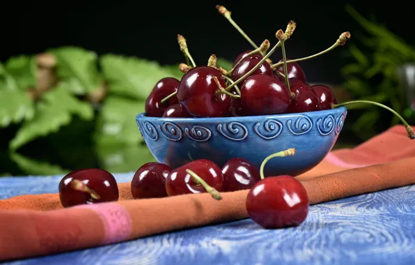 Wallpaper leaves, cherry, berries, table, towel, bowl, black background ...
