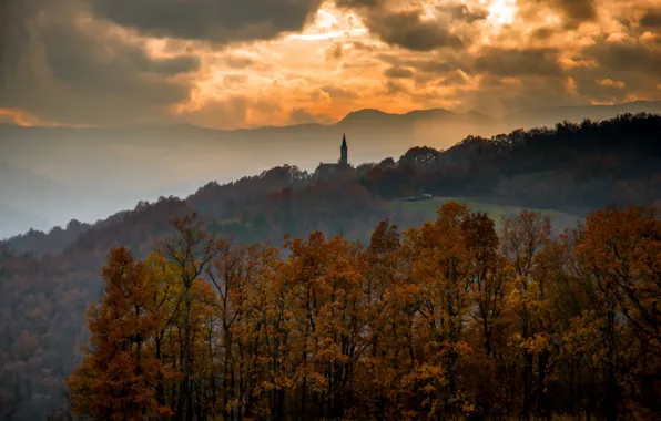 Wallpaper sunset, fog, Italy, Emilia Romagna, Morfasso, Autumn Sunday ...